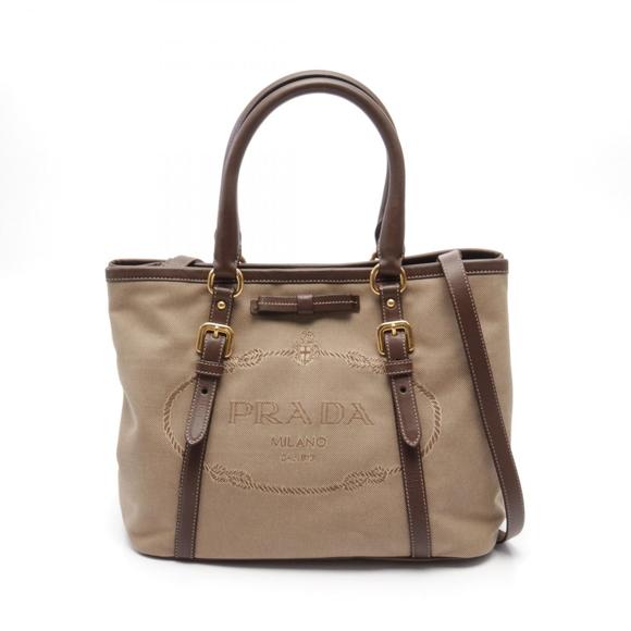 Prada | Bags | Prada Logo Jacquard Tote Bag Leather Beige Brown | Poshmark